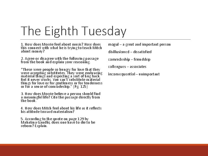 Tuesdays With Morrie CHAPTER QUESTIONS For each chapter