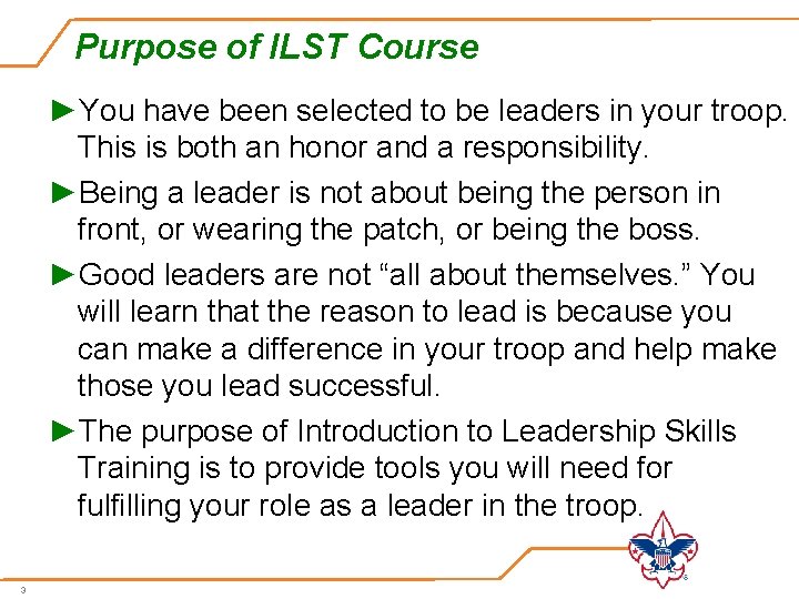 Introduction to Leadership Skills for Troops Troop XXX
