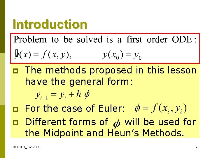 SE 301 Numerical Methods Topic 8 Ordinary Differential