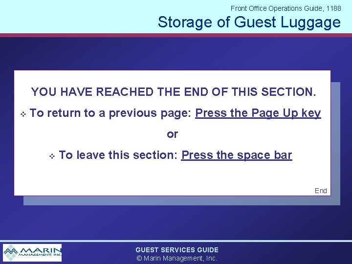 Front Office Operations Guide 1188 Storage of Guest