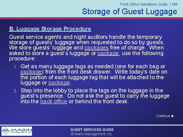 Front Office Operations Guide 1188 Storage of Guest
