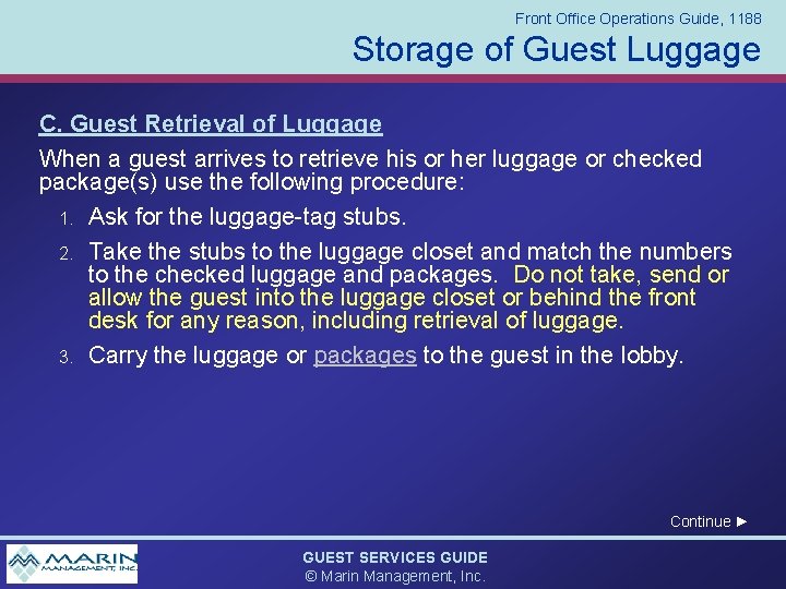 Front Office Operations Guide 1188 Storage of Guest