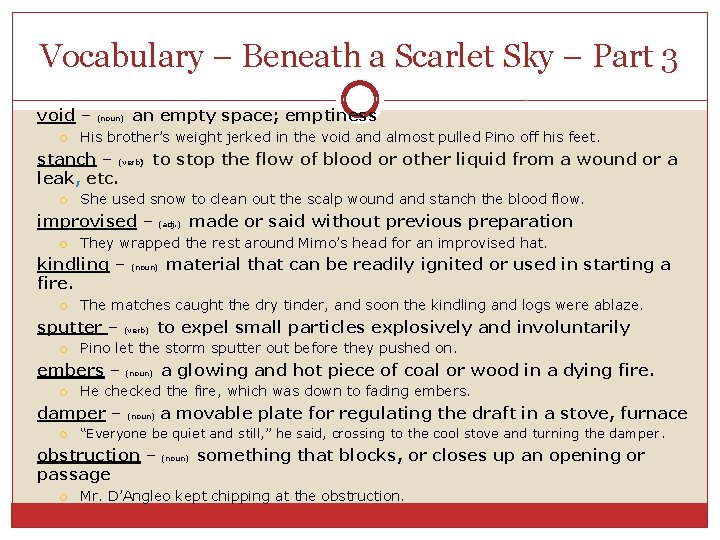 Beneath a Scarlet Sky VOCABULARY PART 3 Vocabulary