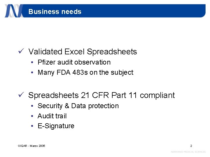 VESMS Validated Electronic Spreadsheets Management System Marino Gobetti