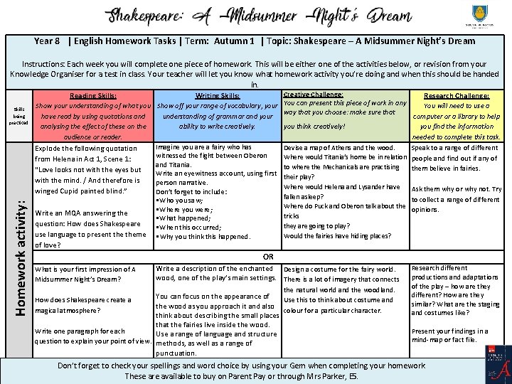 Year 8 English Homework Tasks Term Autumn 1