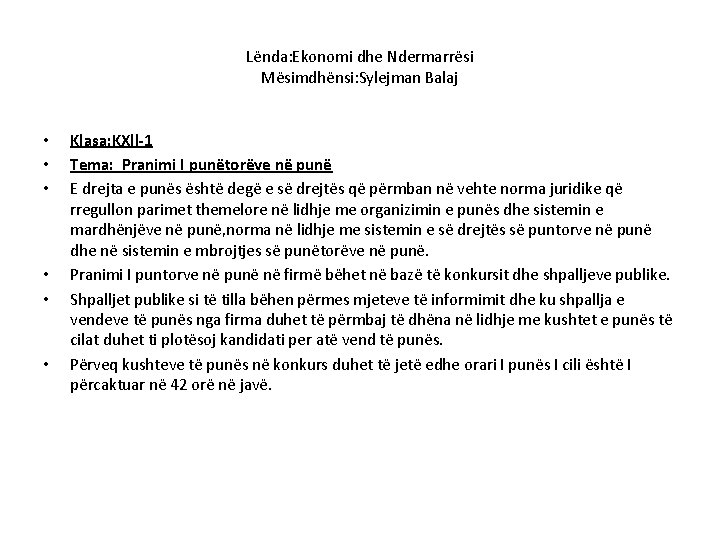 Lnda Ekonomi dhe Ndermarrsi Msimdhnsi Sylejman Balaj Klasa
