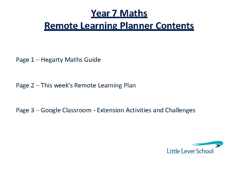 Year 7 Maths Remote Learning Planner Contents Page