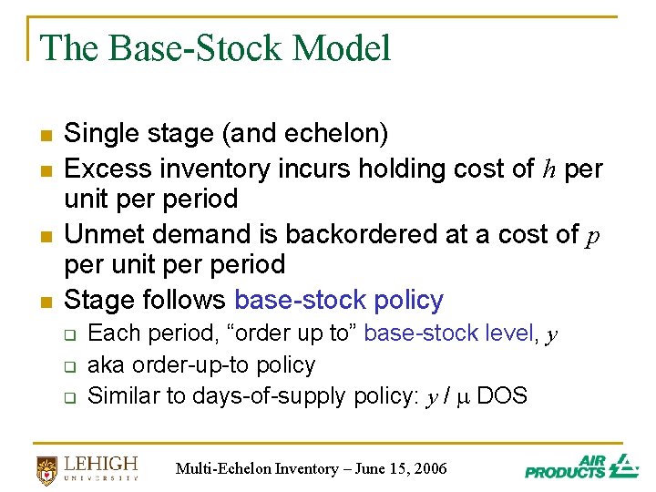 MultiEchelon Inventory Management Prof Larry Snyder Lehigh University
