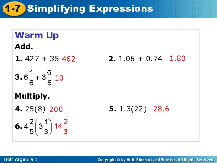 1 7 Expressions 1 7 Simplifying Expressions Warm