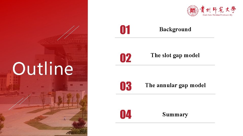 Background Outline The slot gap model The annular