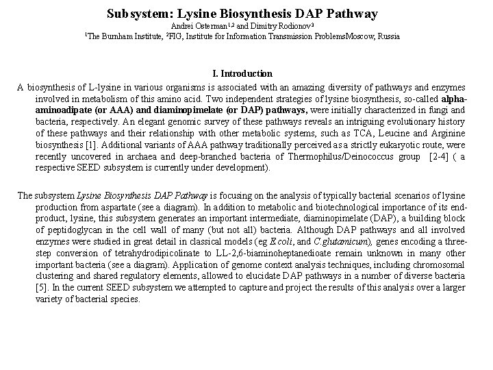 Subsystem Lysine Biosynthesis DAP Pathway Andrei Osterman 1