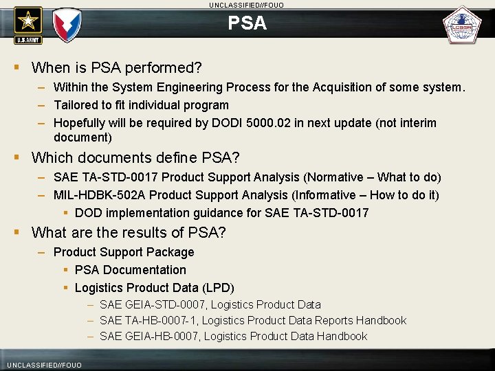 UNCLASSIFIEDFOUO Product Support Analysis Logistics Product Data ...