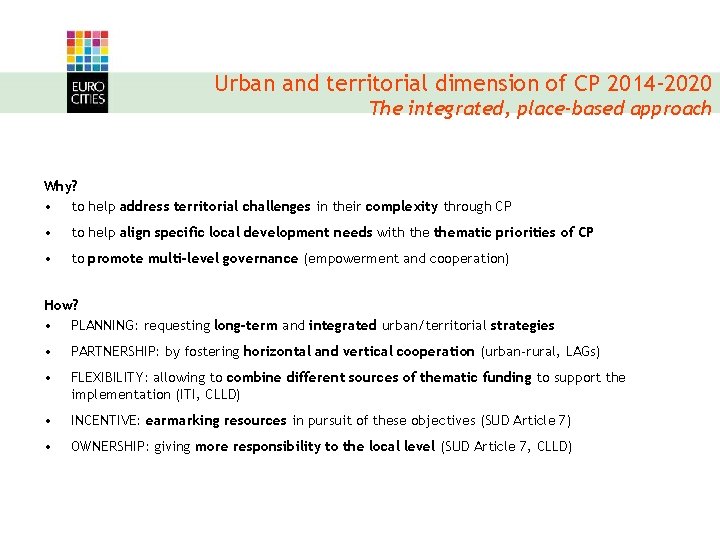Cohesion policy framework for integrated sustainable urban development