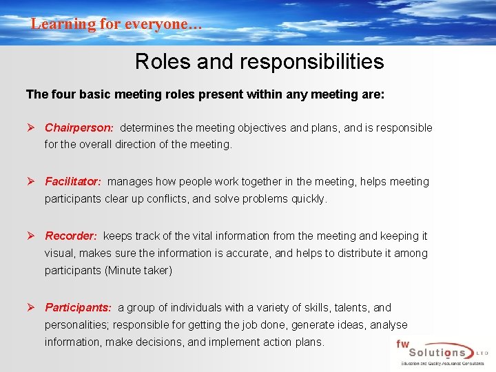 Learning for everyone Meeting types and the roles