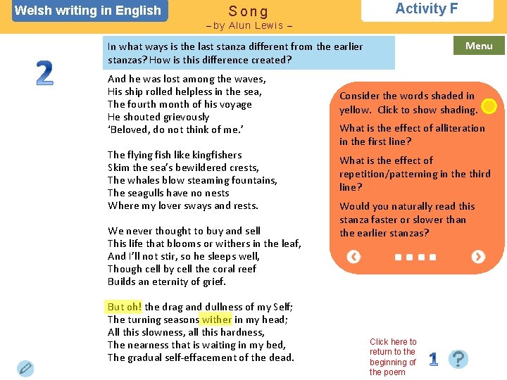 Welsh writing in English Song Choose a task