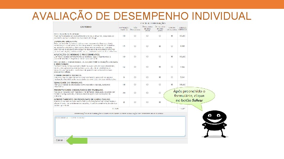 AVALIAO DE DESEMPENHO INDIVIDUAL AVALIAO DE DESEMPENHO INDIVIDUAL