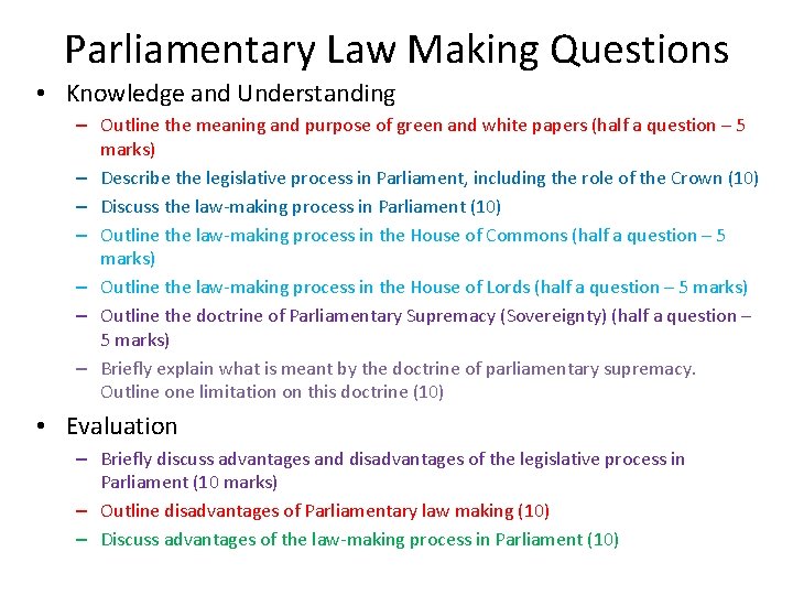 Parliamentary Law Making Questions Knowledge and Understanding Outline