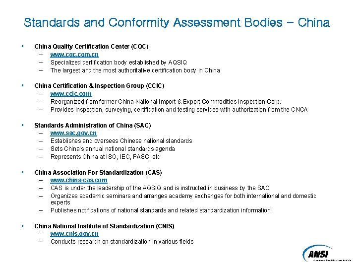 Standards and Conformity Assessment Bodies China FAO Codex