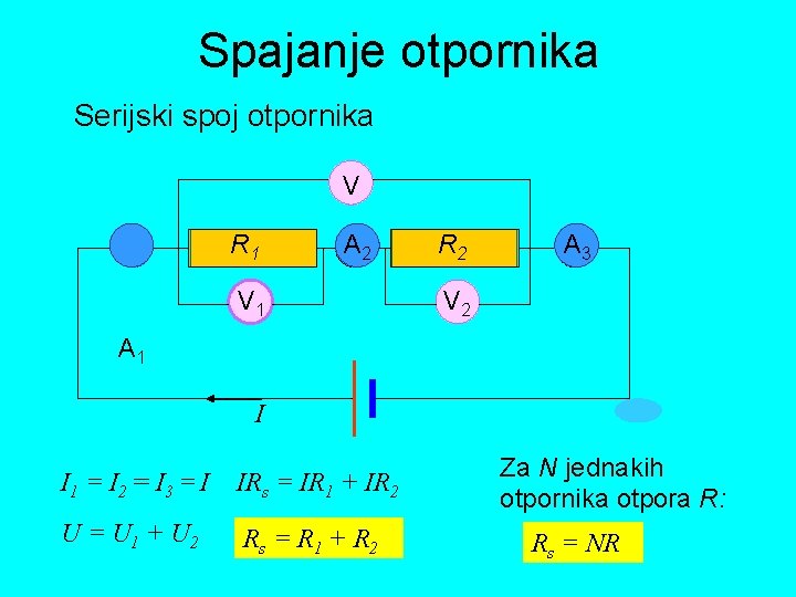 Spajanje otpornika Serijski spoj otpornika V R 1