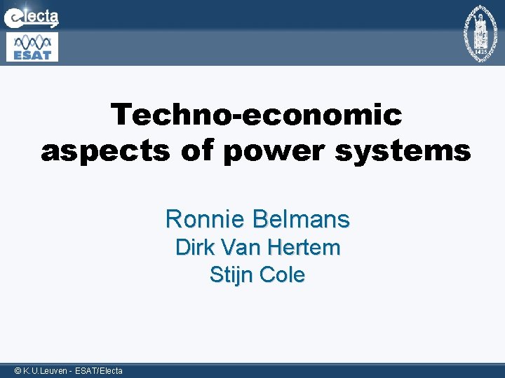 Technoeconomic aspects of power systems Ronnie Belmans Dirk