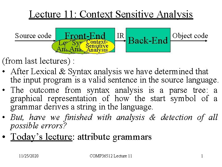 Lecture 11 Context Sensitive Analysis Source code FrontEnd