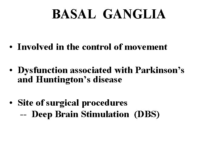 Basal Ganglia BASAL GANGLIA Involved in the control