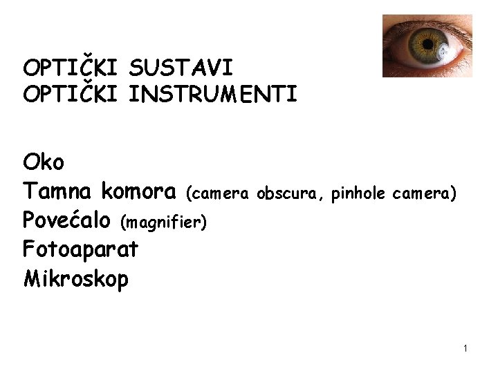 OPTIKI SUSTAVI OPTIKI INSTRUMENTI Oko Tamna komora camera