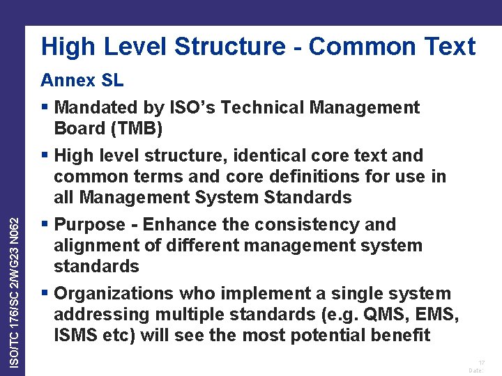 ISO 9001 2015 Revision Overview August 2013 ISOTC