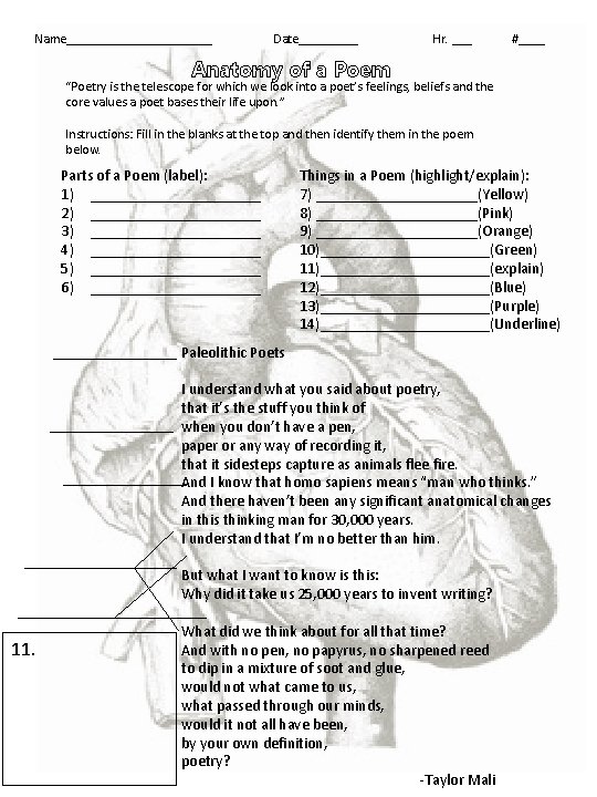 Name Date Hr Anatomy of a Poem Poetry