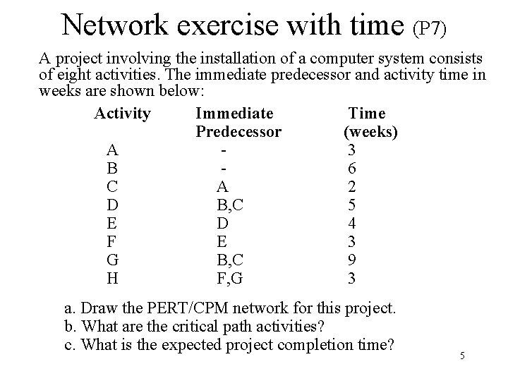 Network exercise P 2 Consider the PERTCPM network
