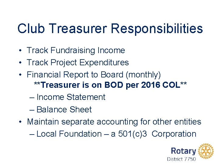 Plans and Strategies for Club Treasurers Club Treasurer