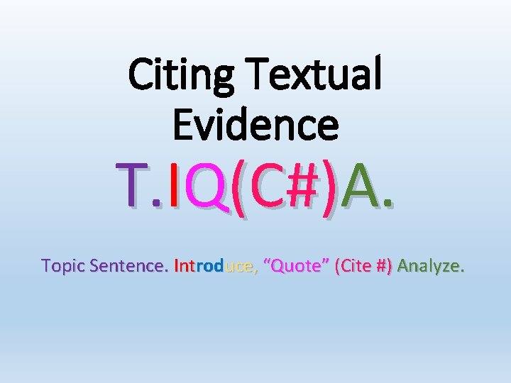 Citing Textual Evidence T IQCA Topic Sentence Introduce
