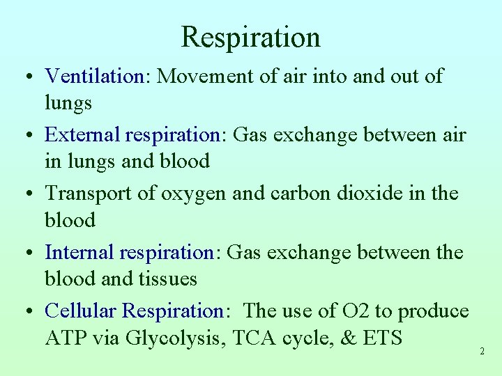 Respiratory System 1 Respiration Ventilation Movement of air