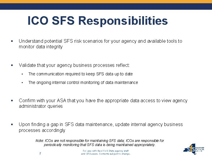 Agency Roles and Responsibilities for SFS Administration Internal