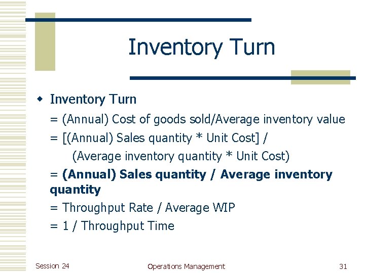 Operations Management Session 24 Inventory Systems Previous Lectures