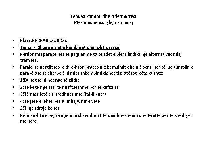 Lnda Ekonomi dhe Ndermarrsi Msimdhnsi Sylejman Balaj Klasa