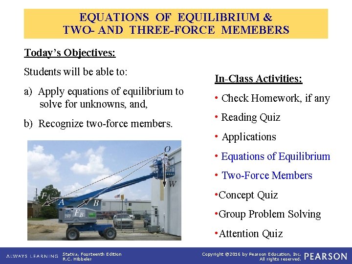 EQUATIONS OF EQUILIBRIUM TWO AND THREEFORCE MEMEBERS Todays