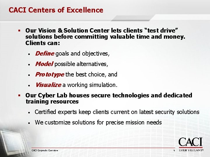 CACI Corporate Overview About CACI CACI is a