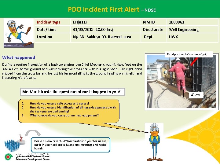 PDO Incident First Alert Main contractor name LTI