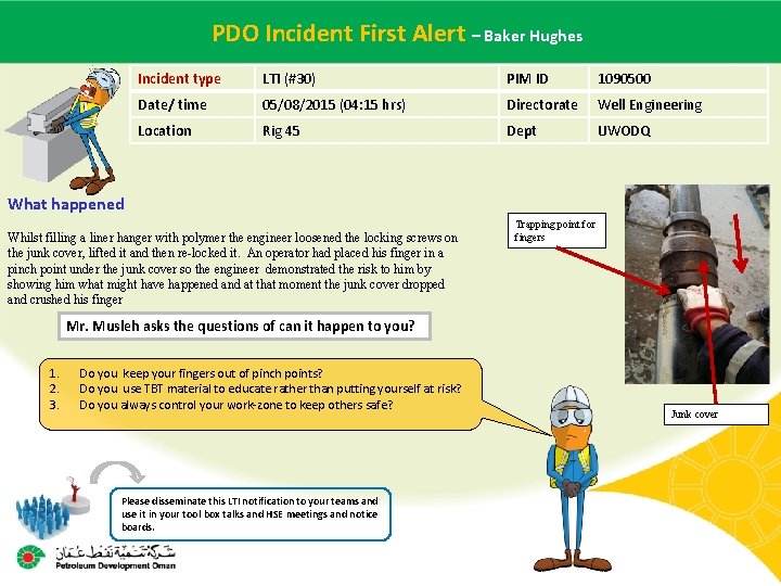 PDO Incident First Alert Main contractor name LTI