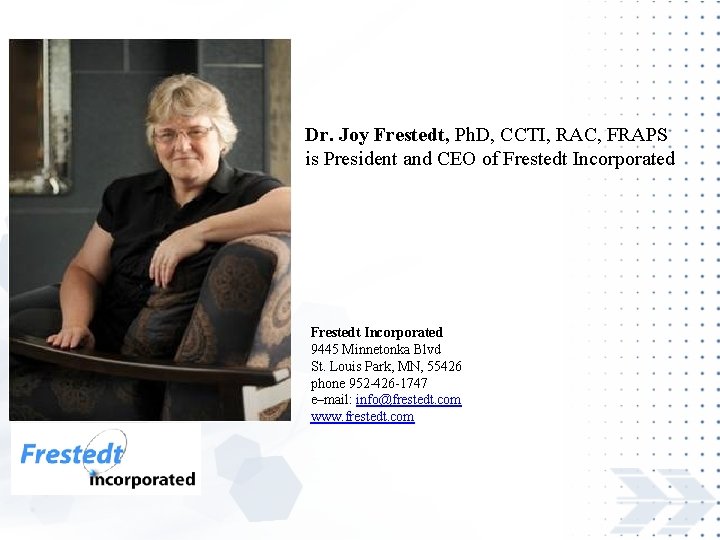 Dr Joy Frestedt Ph D CCTI RAC FRAPS