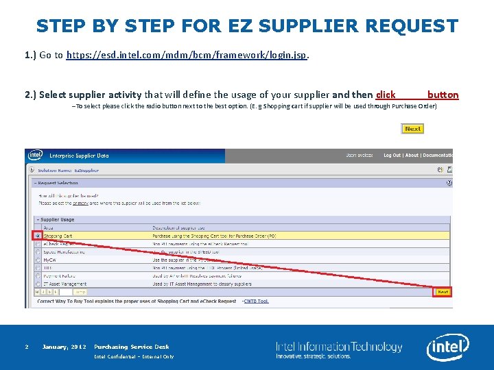 STEP BY STEP FOR EZ SUPPLIER REQUEST Intel
