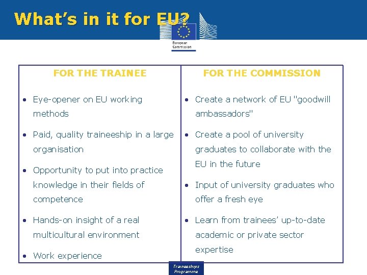 Traineeships European Commission programme Jack Kelly Traineeships Office