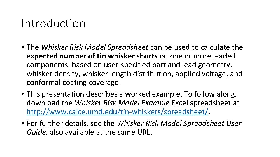 Tin Whisker Risk Model Spreadsheet Quick Start Guide
