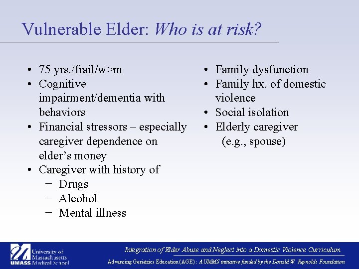 Domestic Violence Interclerkship Elder Abuse Elizabeth Howard MD