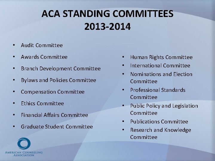 Introduction to ACA Leadership Shana Schnaue Member Leadership