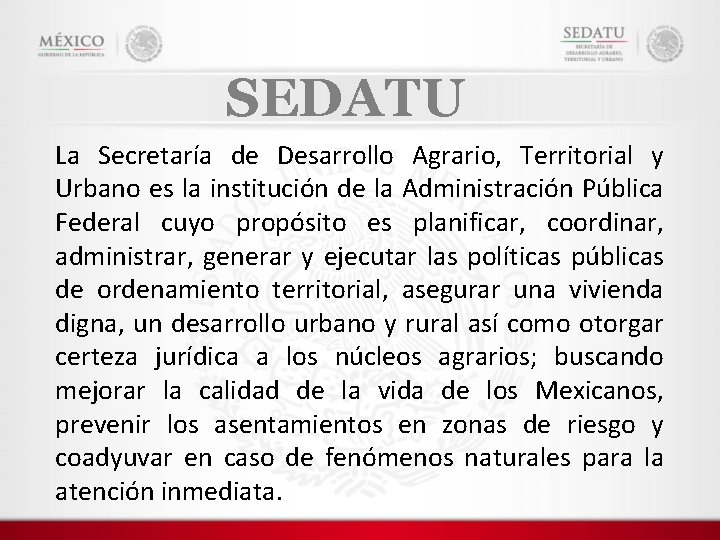 SEDATU PLANES Y PROGRAMAS PARA EL DESARROLLO SUSTENTABLE