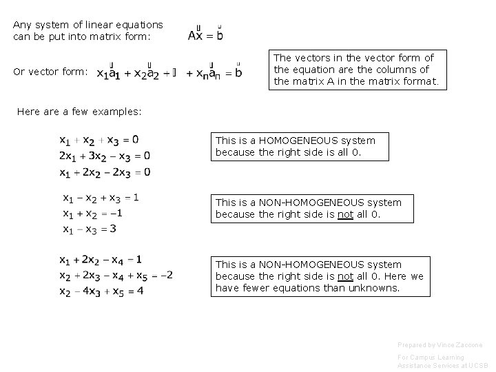 Systems of Linear Equations in Vector Form Prepared
