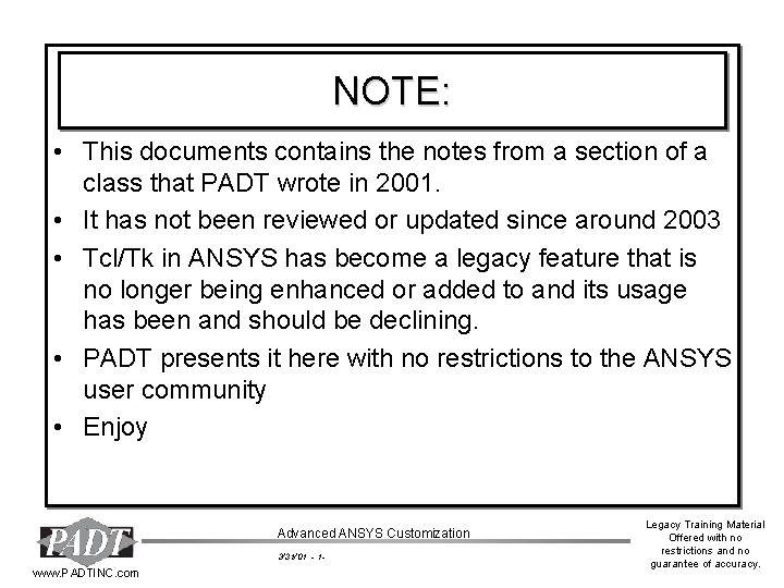 NOTE This documents contains the notes from a
