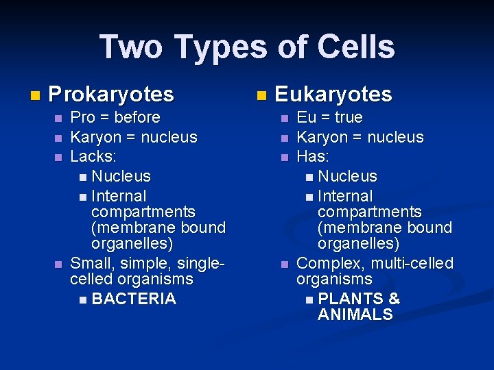Cell Structure Two Types of Cells n Prokaryotes